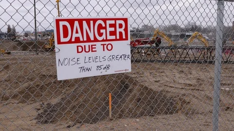 Loud noise warning signs at construction... | Stock Video | Pond5