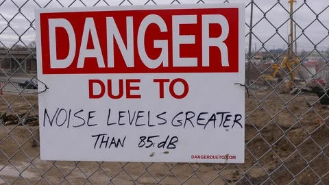 Loud noise warning signs at construction... | Stock Video | Pond5