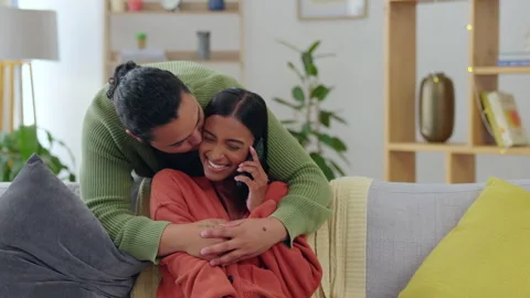 Love, phone call and man hugging his gir... | Stock Video | Pond5