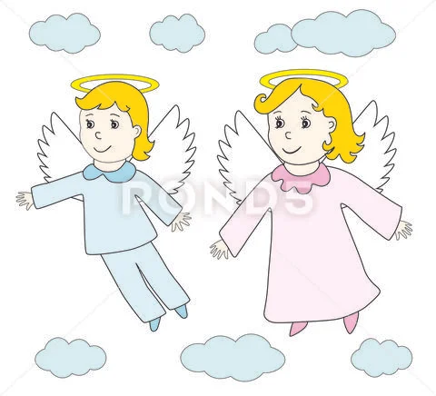 Lovely angels boy and girl fly in the clouds: Royalty Free #103095290