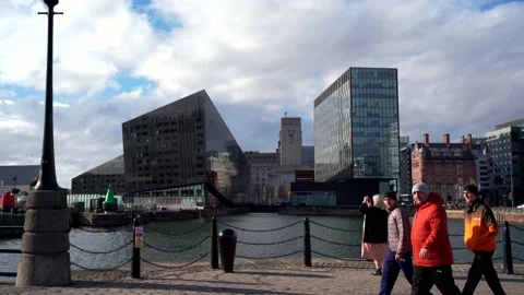 Low aerial view of Liverpool docks area ... | Stock Video | Pond5