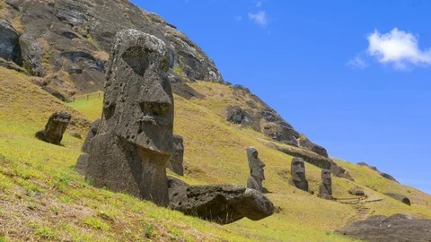 LOW ANGLE: Ancient moai statues ornate t... | Stock Video | Pond5