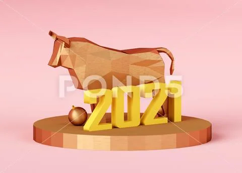 Low poly Metallic Bull on a stand with the number 2021: Royalty Free ...