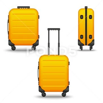 Luggage objects set yellow hard suitcases on wheels side and front view ...