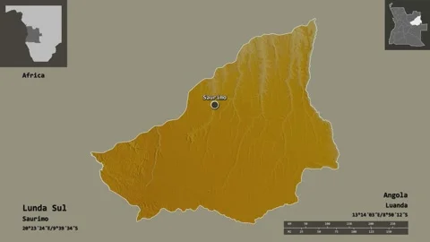 Lunda Sul location. Angola. Relief map | Stock Video | Pond5