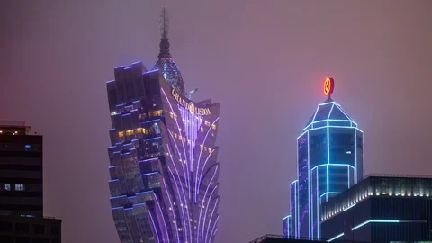 macau city night illuminated famous hote... | Stock Video | Pond5