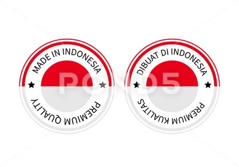 Made in Indonesia round labels in English and in Indonesian languages ...
