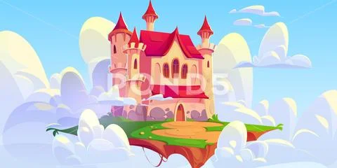 Magic castle floating on ground platform in sky: Royalty Free #263183078