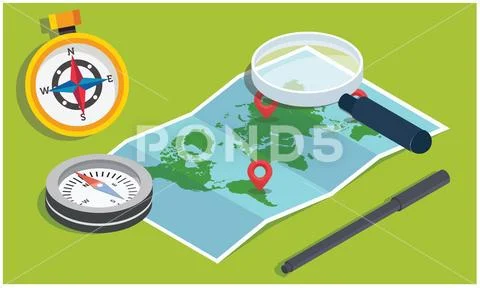 Magnify glass, compass to find a world map Illustration #126933280