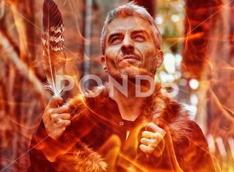Majestic man in fur coat holds mystical feathers, embodying Native ...