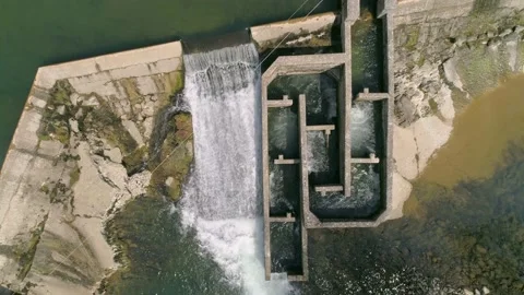 Majestic small dam with fishway in top-d... | Stock Video | Pond5
