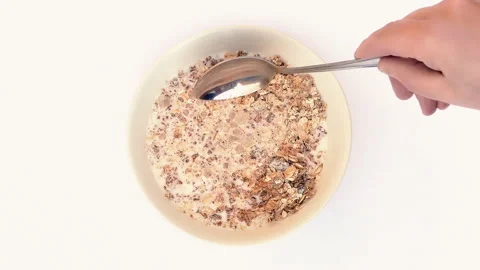 Making Breakfast Cereal And Milk Typical... | Stock Video | Pond5