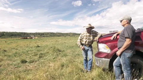 Male cattle ranchers talking at pickup t... | Stock Video | Pond5