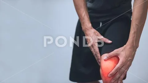 Male patient with knee pain, bone, tendon, pain, injury according to ...