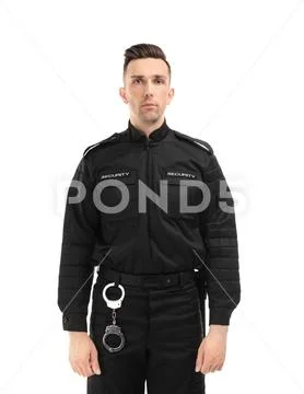 Male security guard in uniform on white background Stock Photo #232293815