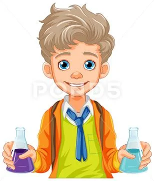 Male student cartoon holding conical flask on science class experiment ...
