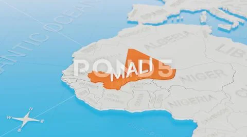 Mali highlighted on a white simplified 3D world map. Digital 3D render ...