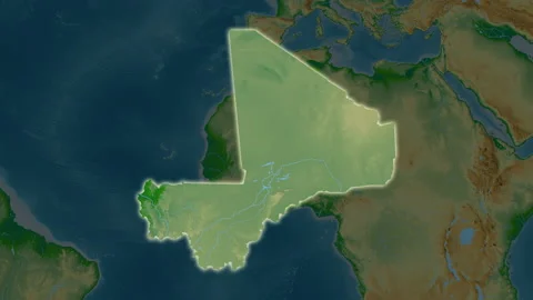 Mali map - extract. Glow. Physical. Labe... | Stock Video | Pond5