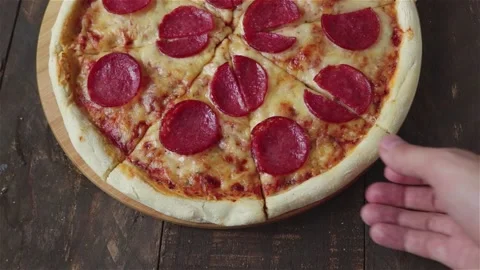 man and hand take pepperoni pizza slice ... | Stock Video | Pond5