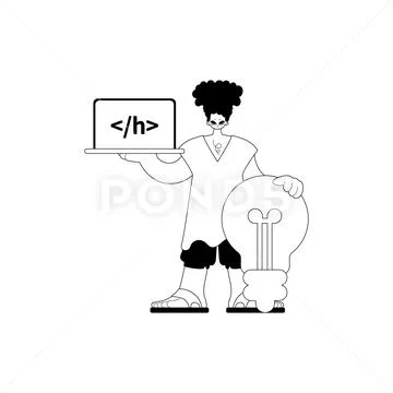 Man with big light up bulb and window with program icon . Black and ...