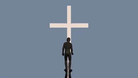 The man bows to the cross. Prayer. 3D an... | Stock Video | Pond5