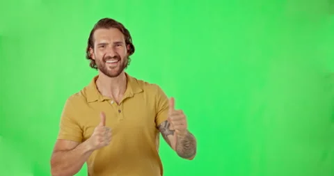 Man, dance and thumbs up by green screen... | Stock Video | Pond5