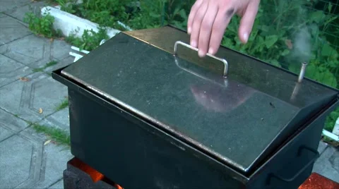 Man Hand Open Smokehouse, Smoke Box With... | Stock Video | Pond5