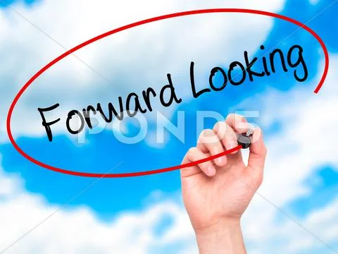 Man Hand writing Forward Looking with black marker on visual screen ...