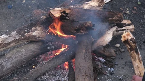 Man make a fire flames from firewoods fo... | Stock Video | Pond5