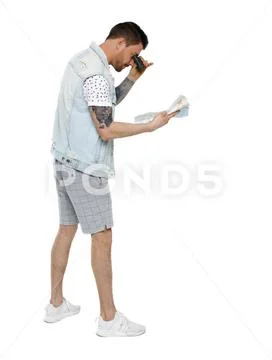 Man with a map. Side view. man with a map. Side view. Isolated on white ...