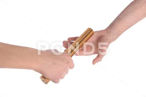 Man passing relay baton to teammate isolated on white, closeup ...