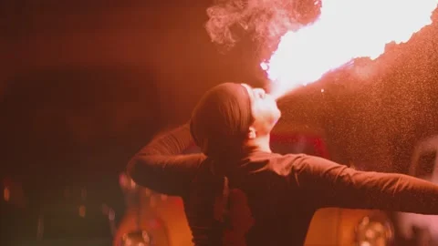 Man performing fire show, spraying ker... | Stock Video | Pond5