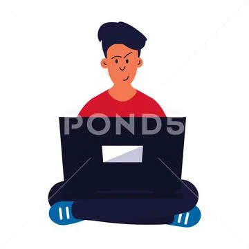 Man sitting with laptop vector illustration. Young person with business ...