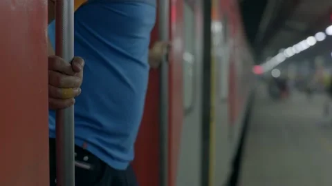 man standing on train gate at railways p... | Stock Video | Pond5