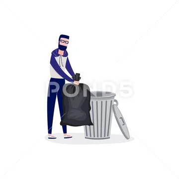 Man throws garbage bag into trashcan flat cartoon vector illustration isolated. Illustration ...
