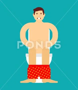Man on toilet isolated. Guy poop vector illustration: Graphic #113390305