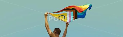 Man waving a progress pride flag outdoors, banner ~ Hi Res #201145753