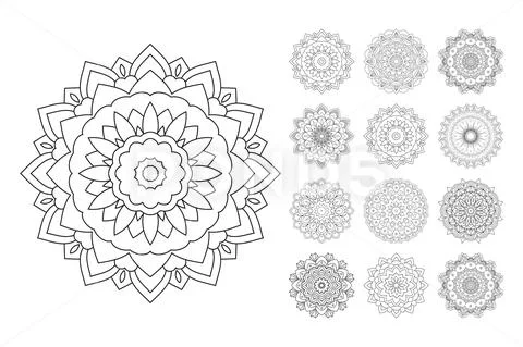 Mandala coloring page vector. Mandala line art bundle. Black and white ...