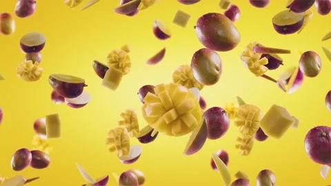 Mango with Slices Falling on Yellow Back... | Stock Video | Pond5