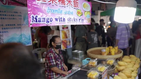 Mango with Sticky Rice Stand at Night Ma... | Stock Video | Pond5