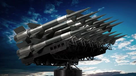 Many missiles on a launcher, sky in back... | Stock Video | Pond5