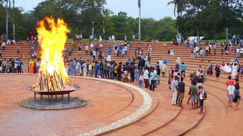 Many people around bonfire ceremony, Mat... | Stock Video | Pond5