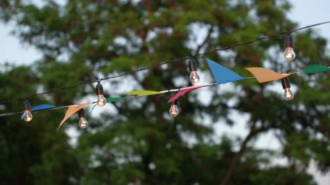 Many small colorful flags and glowing la... | Stock Video | Pond5