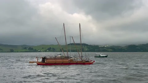 Maori Double hulled sailing waka in Nort... | Stock Video | Pond5