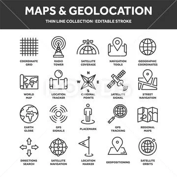 Map and navigation. GPS coordinates. Location icons. Line art. ~ Clip ...