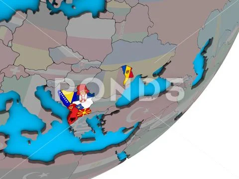 Map of CEFTA countries with flags on globe Illustration #96403048