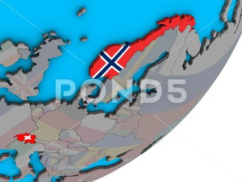 Map of EFTA countries with flags on globe Illustration #96403052