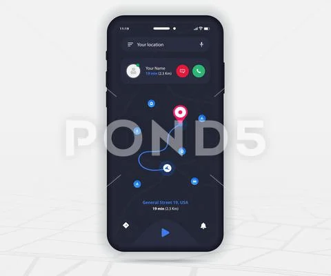 Map GPS navigation app ux ui dark mode Mobile map application, Smartphone street Illustration ...