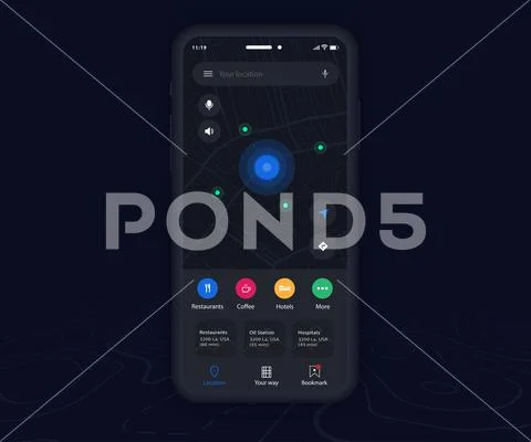 Map GPS navigation app ux ui dark mode Mobile map application, Smartphone street Illustration ...