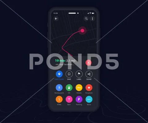 Map GPS navigation app ux ui dark mode Mobile map application, Smartphone street: Royalty Free ...